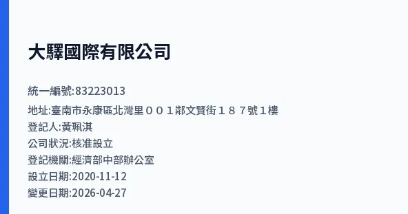 大驛國際有限公司的照片-統編 83223013(臺南市) 公司登記資料與營業項目詳細圖表