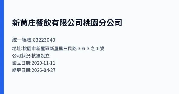新茼庄餐飲有限公司桃園分公司的照片-統編 83223040(桃園市) 公司登記資料與營業項目詳細圖表