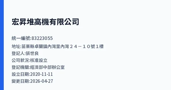 宏昇堆高機有限公司的照片-統編 83223055(苗栗縣) 公司登記資料與營業項目詳細圖表