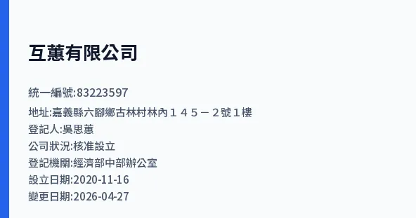 互蕙有限公司的照片-統編 83223597(嘉義縣) 公司登記資料與營業項目詳細圖表