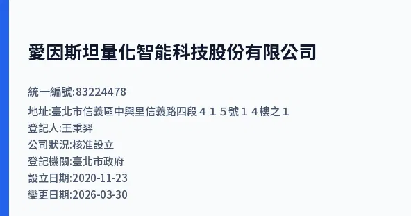 愛因斯坦量化智能科技股份有限公司的照片-統編 83224478(臺北市) 公司登記資料與營業項目詳細圖表