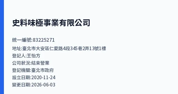 史料味極事業有限公司的照片-統編 83225271(臺北市) 公司登記資料與營業項目詳細圖表