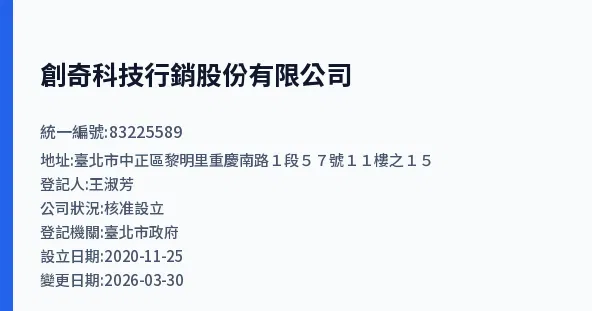 創奇科技行銷股份有限公司的照片-統編 83225589(臺北市) 公司登記資料與營業項目詳細圖表