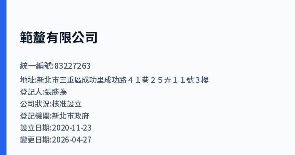 範釐有限公司的照片-統編 83227263(新北市) 公司登記資料與營業項目詳細圖表