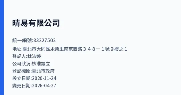 晴易有限公司的照片-統編 83227502(臺北市) 公司登記資料與營業項目詳細圖表