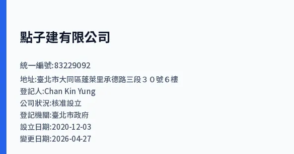 點子建有限公司的照片-統編 83229092(臺北市) 公司登記資料與營業項目詳細圖表