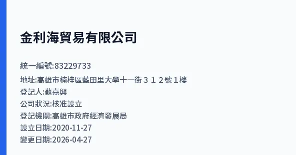 金利海貿易有限公司的照片-統編 83229733(高雄市) 公司登記資料與營業項目詳細圖表