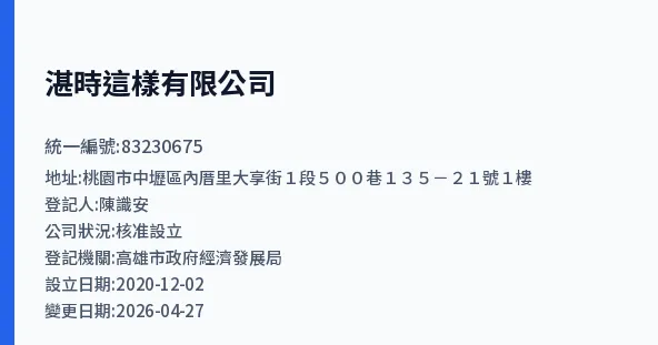 湛時這樣有限公司的照片-統編 83230675(桃園市) 公司登記資料與營業項目詳細圖表