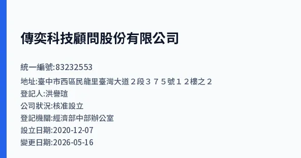 傳奕科技顧問股份有限公司的照片-統編 83232553(臺中市) 公司登記資料與營業項目詳細圖表