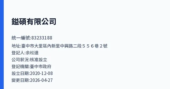 鎰碩有限公司的照片-統編 83233188(臺中市) 公司登記資料與營業項目詳細圖表