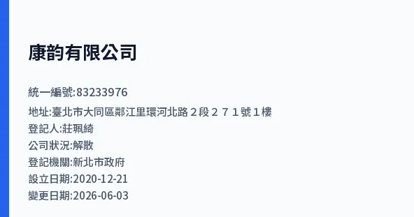 康韵有限公司的照片-統編 83233976(臺北市) 公司登記資料與營業項目詳細圖表