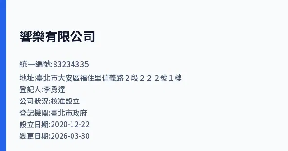 響樂有限公司的照片-統編 83234335(臺北市) 公司登記資料與營業項目詳細圖表