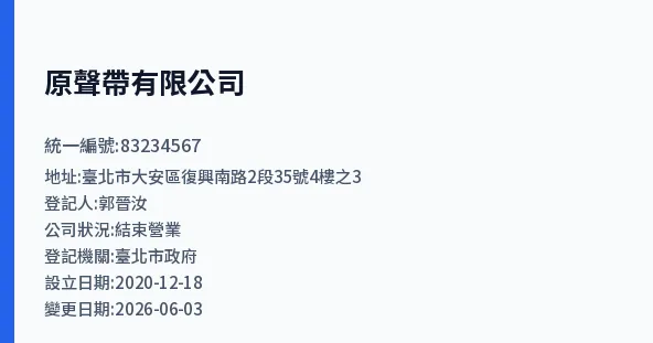原聲帶有限公司的照片-統編 83234567(臺北市) 公司登記資料與營業項目詳細圖表