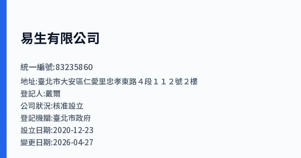 易生有限公司的照片-統編 83235860(臺北市) 公司登記資料與營業項目詳細圖表