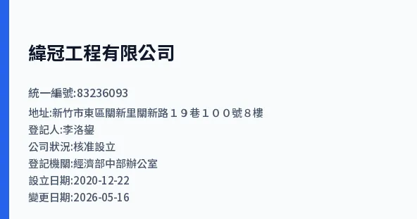 緯冠工程有限公司的照片-統編 83236093(新竹市) 公司登記資料與營業項目詳細圖表
