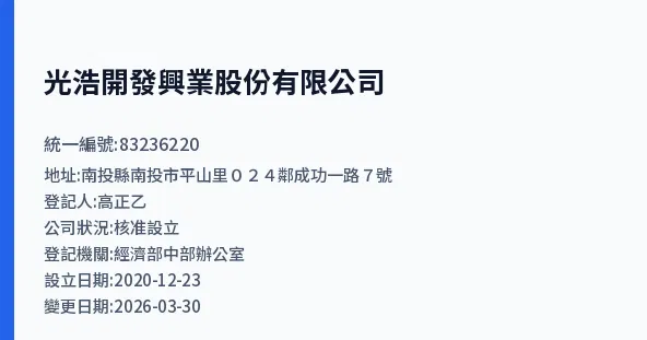 光浩開發興業股份有限公司的照片-統編 83236220(南投縣) 公司登記資料與營業項目詳細圖表