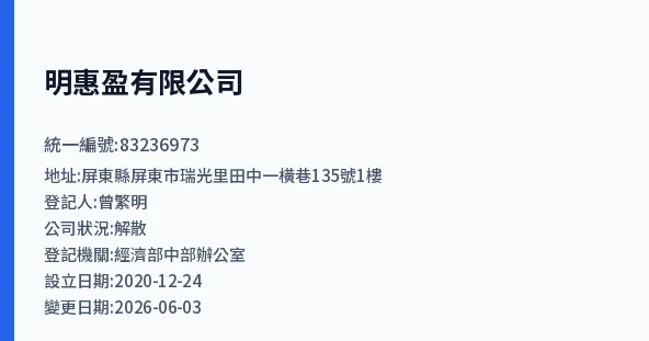 明惠盈有限公司的照片-統編 83236973(屏東縣) 公司登記資料與營業項目詳細圖表