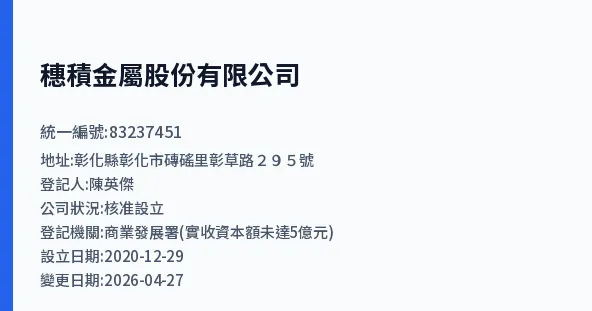 穗積金屬股份有限公司的照片-統編 83237451(彰化縣) 公司登記資料與營業項目詳細圖表
