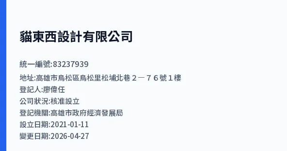 貓東西設計有限公司的照片-統編 83237939(高雄市) 公司登記資料與營業項目詳細圖表