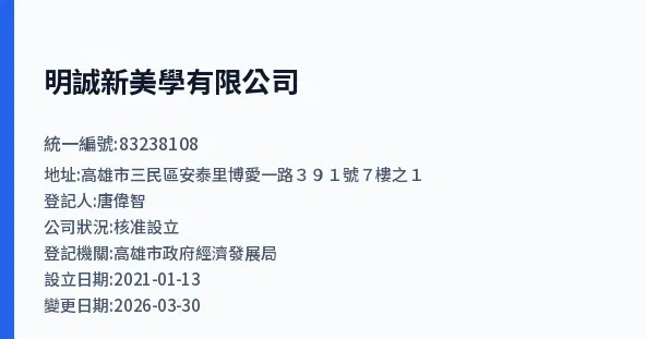 明誠新美學有限公司的照片-統編 83238108(高雄市) 公司登記資料與營業項目詳細圖表
