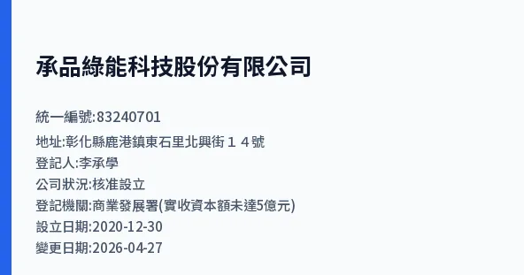 承品綠能科技股份有限公司的照片-統編 83240701(彰化縣) 公司登記資料與營業項目詳細圖表