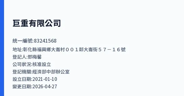 巨重有限公司的照片-統編 83241568(彰化縣) 公司登記資料與營業項目詳細圖表