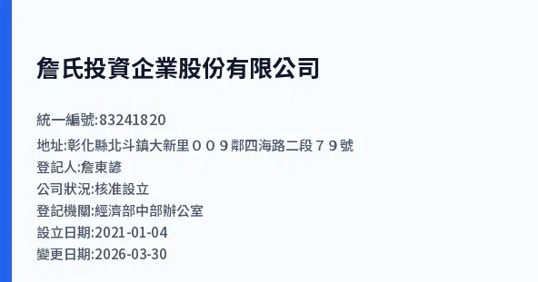 詹氏投資企業股份有限公司的照片-統編 83241820(彰化縣) 公司登記資料與營業項目詳細圖表
