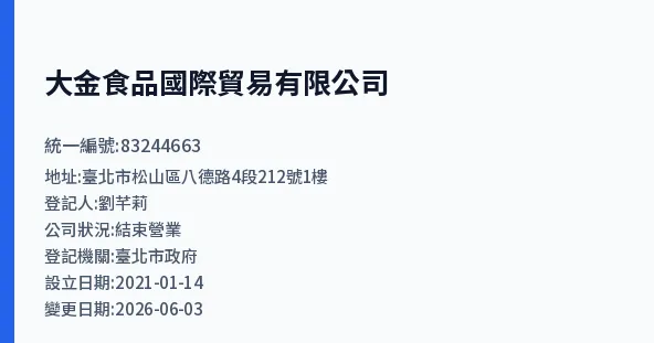 大金食品國際貿易有限公司的照片-統編 83244663(臺北市) 公司登記資料與營業項目詳細圖表