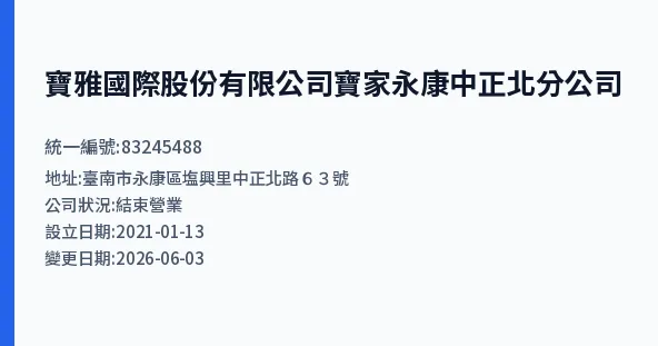 寶雅國際股份有限公司寶家永康中正北分公司的照片-統編 83245488(臺南市) 公司登記資料與營業項目詳細圖表