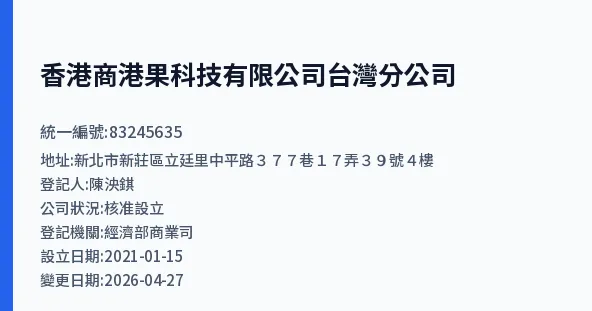 香港商港果科技有限公司台灣分公司的照片-統編 83245635(新北市) 公司登記資料與營業項目詳細圖表