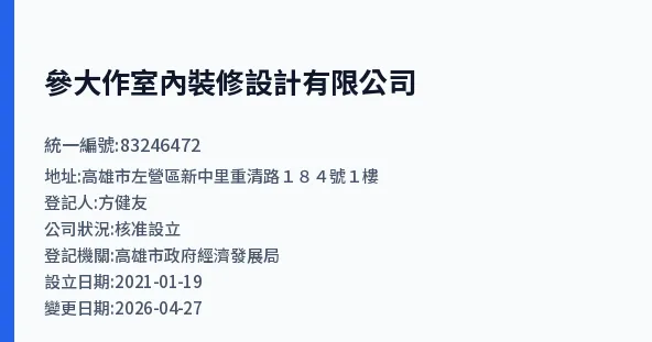 參大作室內裝修設計有限公司的照片-統編 83246472(高雄市) 公司登記資料與營業項目詳細圖表