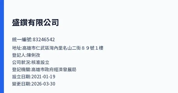 盛鑽有限公司的照片-統編 83246542(高雄市) 公司登記資料與營業項目詳細圖表
