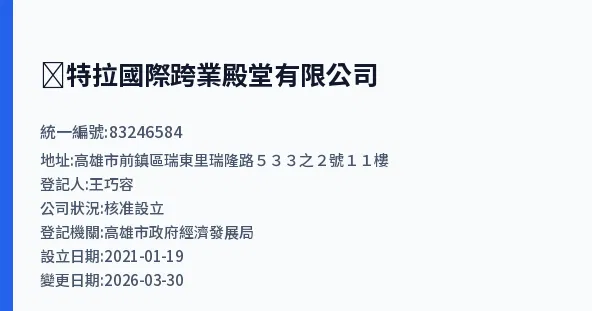 淧特拉國際跨業殿堂有限公司的照片-統編 83246584(高雄市) 公司登記資料與營業項目詳細圖表