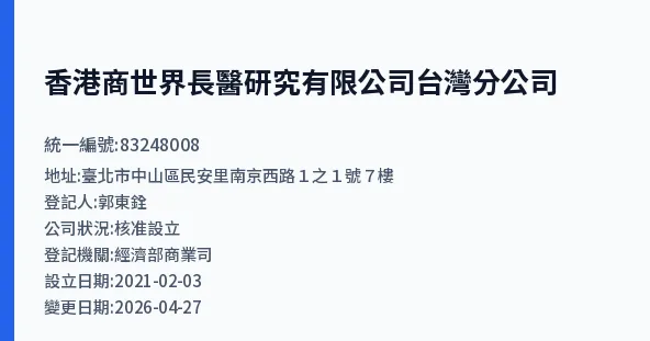 香港商世界長醫研究有限公司台灣分公司的照片-統編 83248008(臺北市) 公司登記資料與營業項目詳細圖表