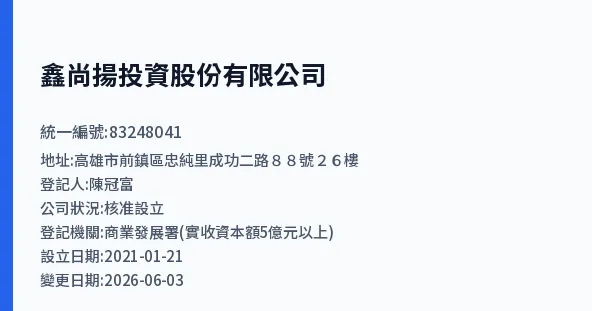 鑫尚揚投資股份有限公司的照片-統編 83248041(高雄市) 公司登記資料與營業項目詳細圖表