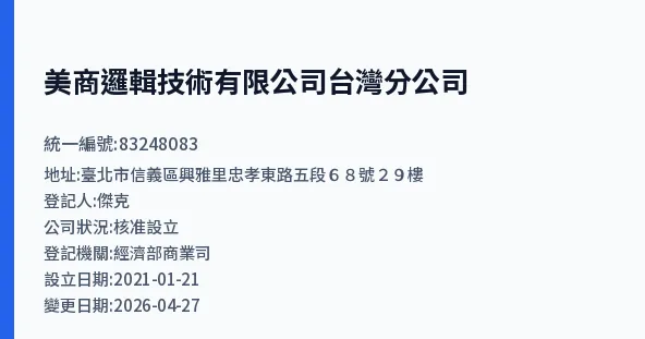 美商邏輯技術有限公司台灣分公司的照片-統編 83248083(臺北市) 公司登記資料與營業項目詳細圖表