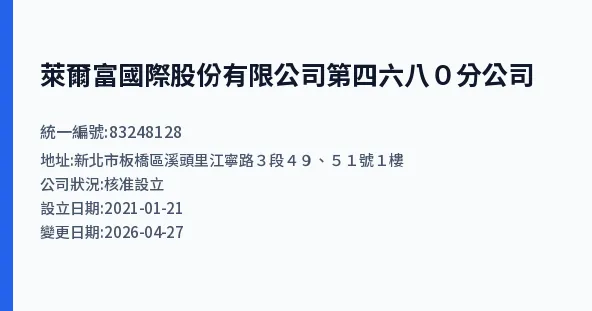 萊爾富國際股份有限公司第四六八0分公司的照片-統編 83248128(新北市) 公司登記資料與營業項目詳細圖表