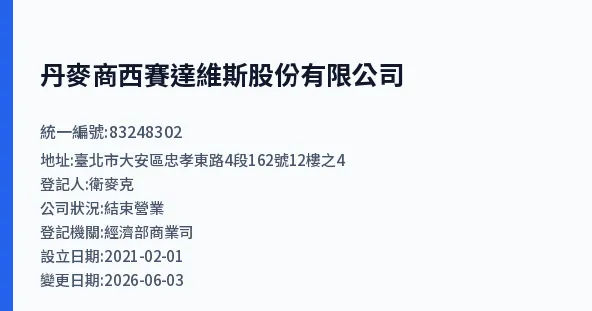 丹麥商西賽達維斯股份有限公司的照片-統編 83248302(臺北市) 公司登記資料與營業項目詳細圖表
