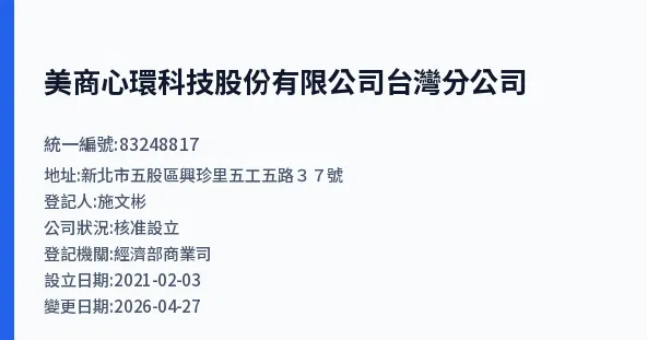 美商心環科技股份有限公司台灣分公司的照片-統編 83248817(新北市) 公司登記資料與營業項目詳細圖表