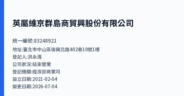 英屬維京群島商貿興股份有限公司的照片-統編 83248921(臺北市) 公司登記資料與營業項目詳細圖表