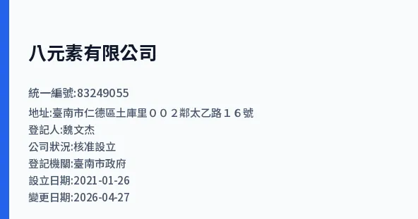 八元素有限公司的照片-統編 83249055(臺南市) 公司登記資料與營業項目詳細圖表