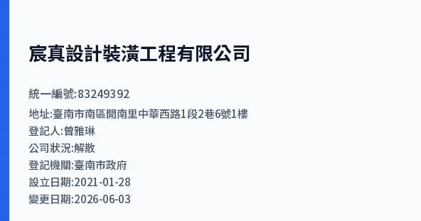 宸真設計裝潢工程有限公司的照片-統編 83249392(臺南市) 公司登記資料與營業項目詳細圖表