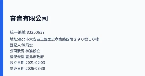 睿音有限公司的照片-統編 83250637(臺北市) 公司登記資料與營業項目詳細圖表