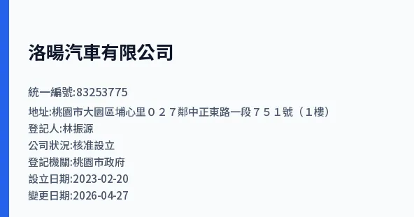 洛暘汽車有限公司的照片-統編 83253775(桃園市) 公司登記資料與營業項目詳細圖表