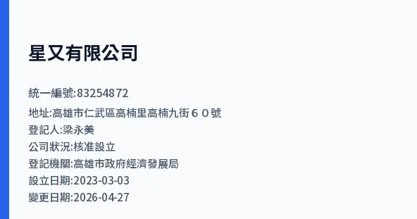 星又有限公司的照片-統編 83254872(高雄市) 公司登記資料與營業項目詳細圖表