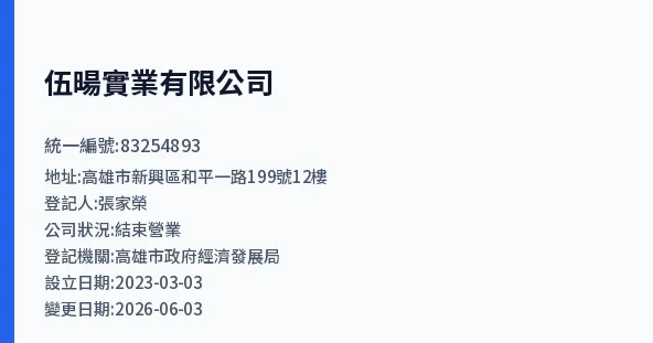 伍暘實業有限公司的照片-統編 83254893(高雄市) 公司登記資料與營業項目詳細圖表