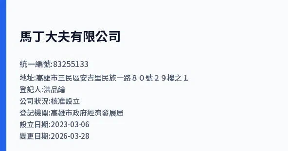馬丁大夫有限公司的照片-統編 83255133(高雄市) 公司登記資料與營業項目詳細圖表