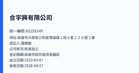 合宇興有限公司的照片-統編 83255345(高雄市) 公司登記資料與營業項目詳細圖表