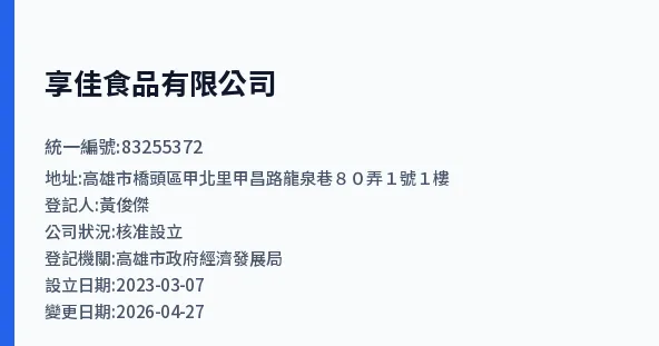 享佳食品有限公司的照片-統編 83255372(高雄市) 公司登記資料與營業項目詳細圖表