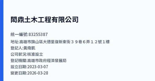 閎鼎土木工程有限公司的照片-統編 83255387(高雄市) 公司登記資料與營業項目詳細圖表